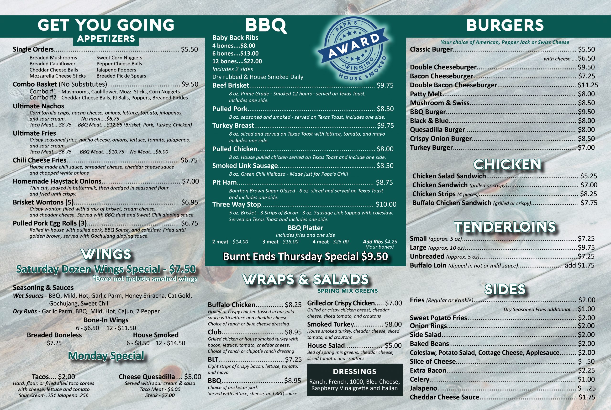Bar & Grill Menu in Monmouth, Illinois | Papa's Bar and Grill